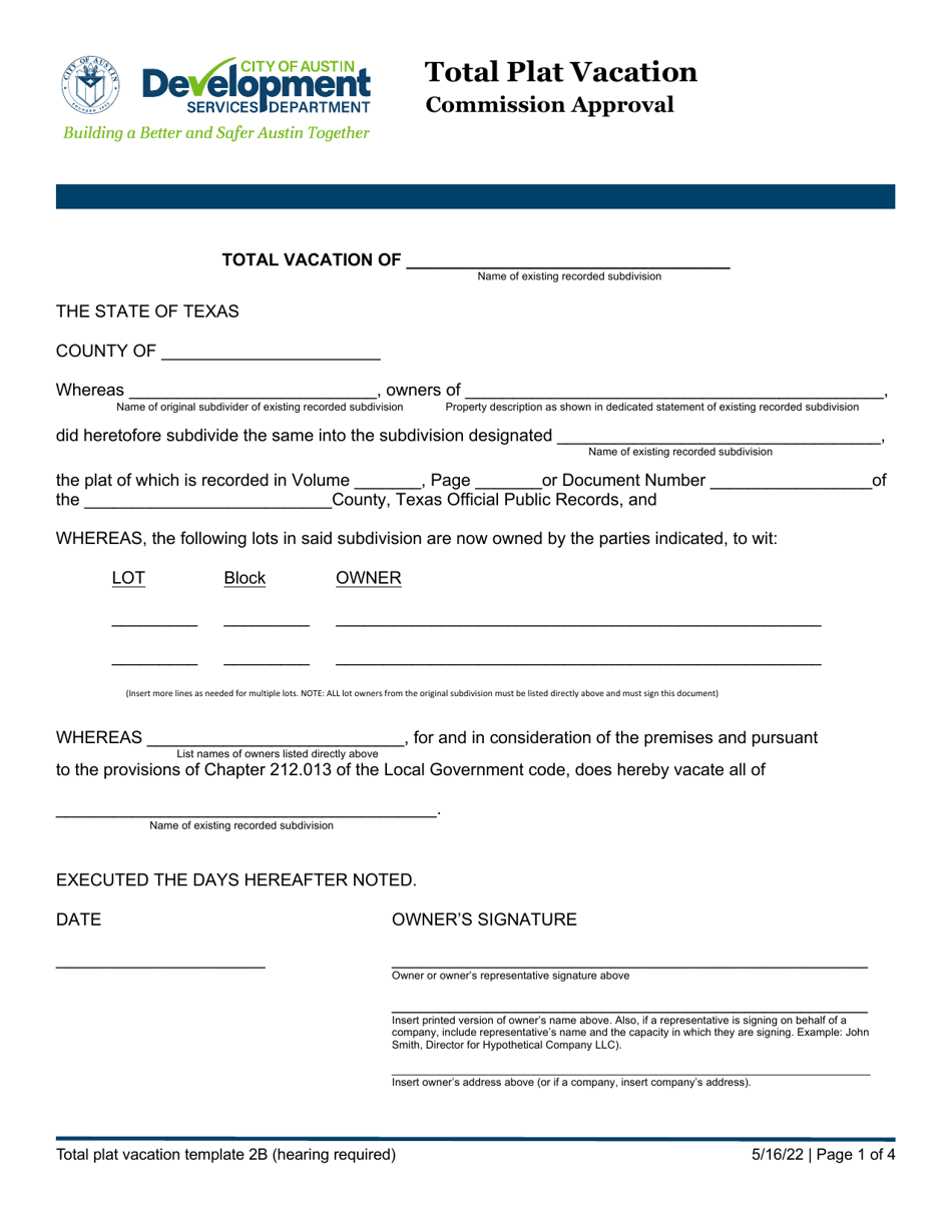 City of Austin, Texas Total Plat Vacation Commission Approval - Fill ...