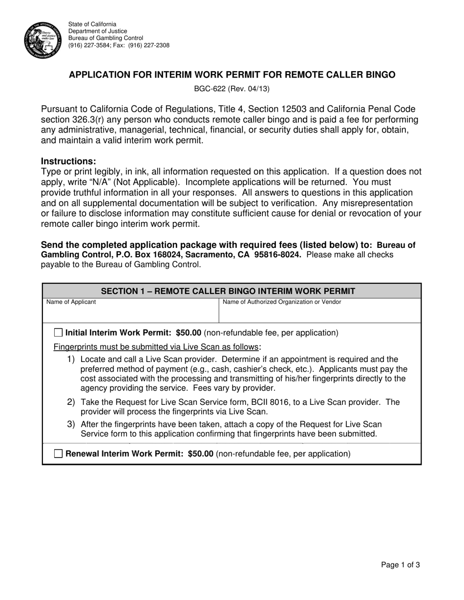 Form BGC-622 - Fill Out, Sign Online and Download Printable PDF ...