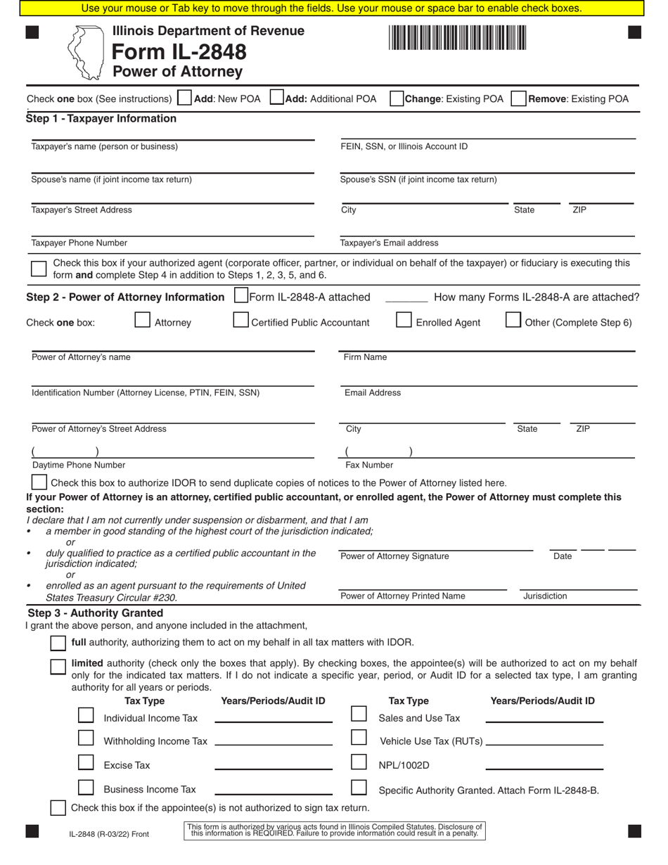 Form IL-2848 Download Fillable PDF or Fill Online Power of Attorney ...