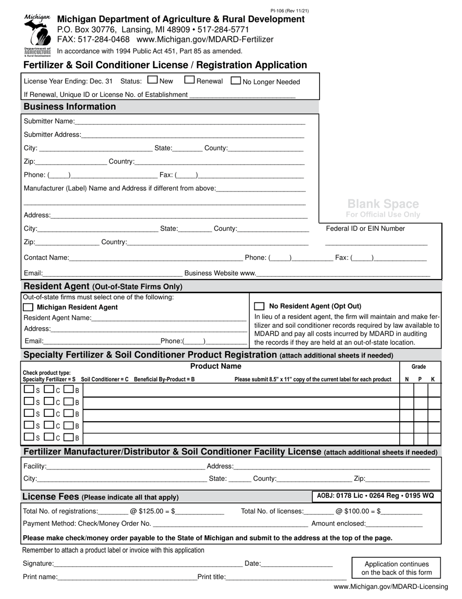 Form PI-106 Download Printable PDF or Fill Online Fertilizer & Soil ...