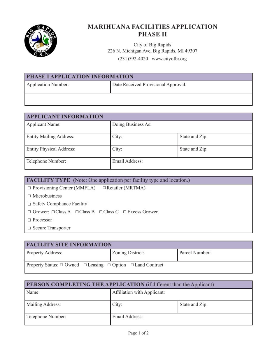 City of Big Rapids, Michigan Marihuana Facilities Application - Phase ...