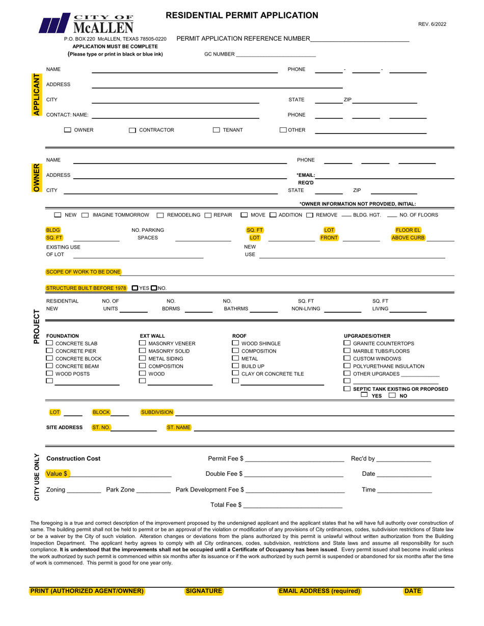 City of McAllen, Texas Residential Permit Application - Fill Out, Sign ...
