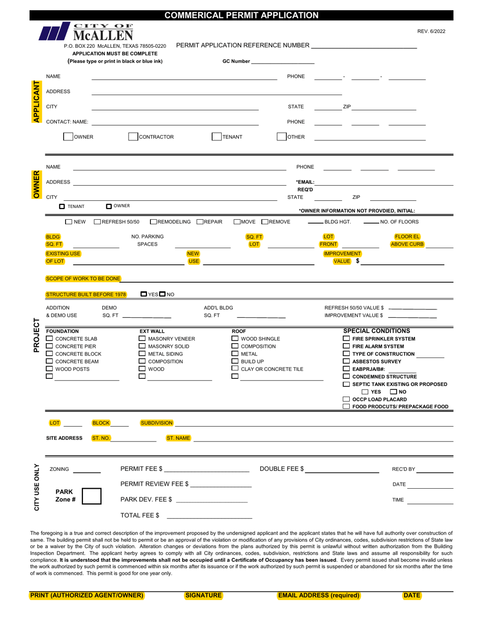 City of McAllen, Texas Commercial Permit Application - Fill Out, Sign ...