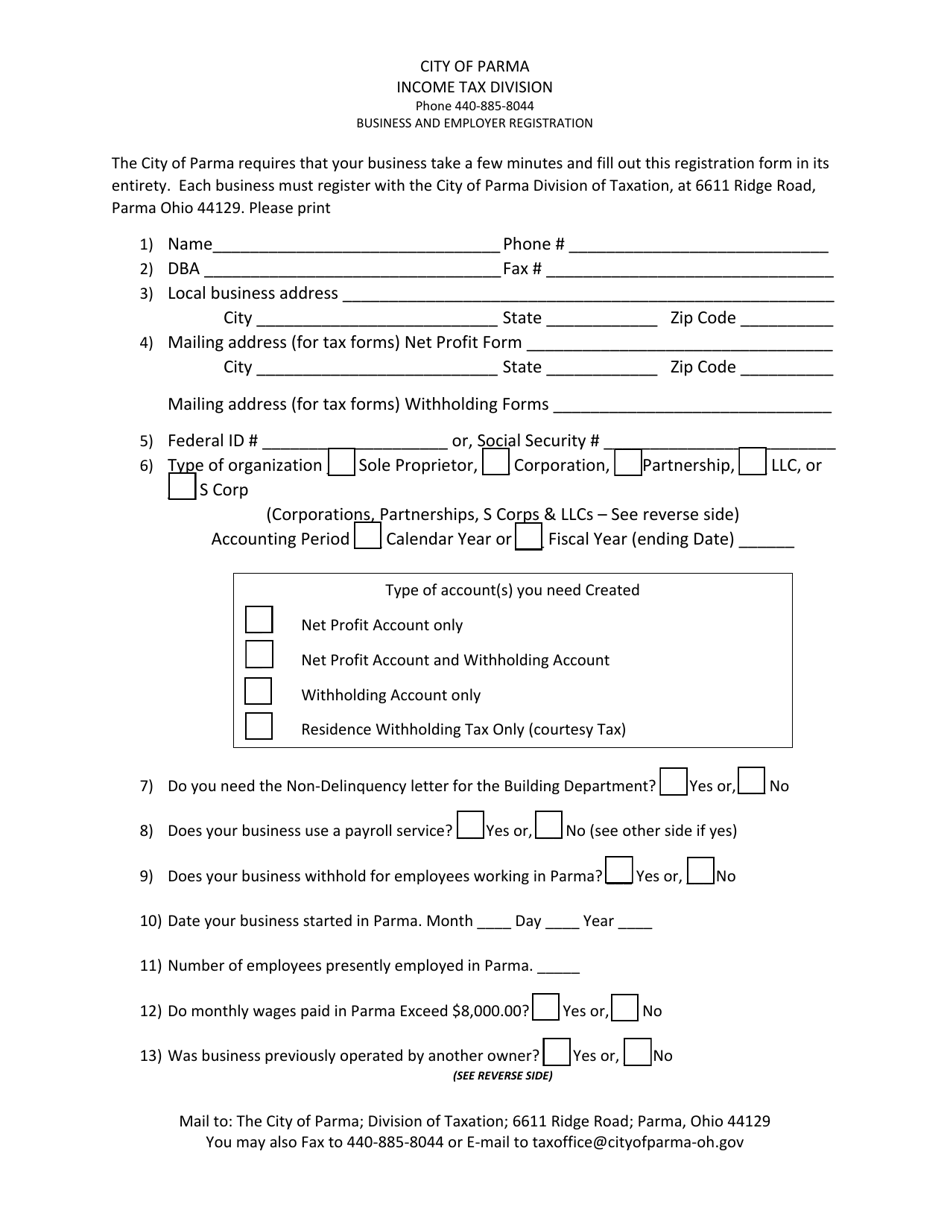 City of Parma, Ohio Business and Employer Registration Form - Fill Out ...