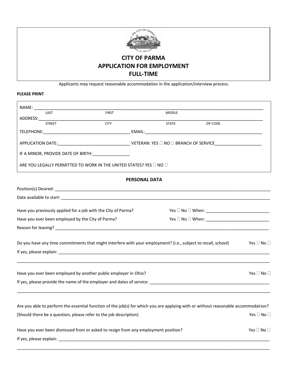 City of Parma, Ohio Application for Employment - Full-Time - Fill Out ...