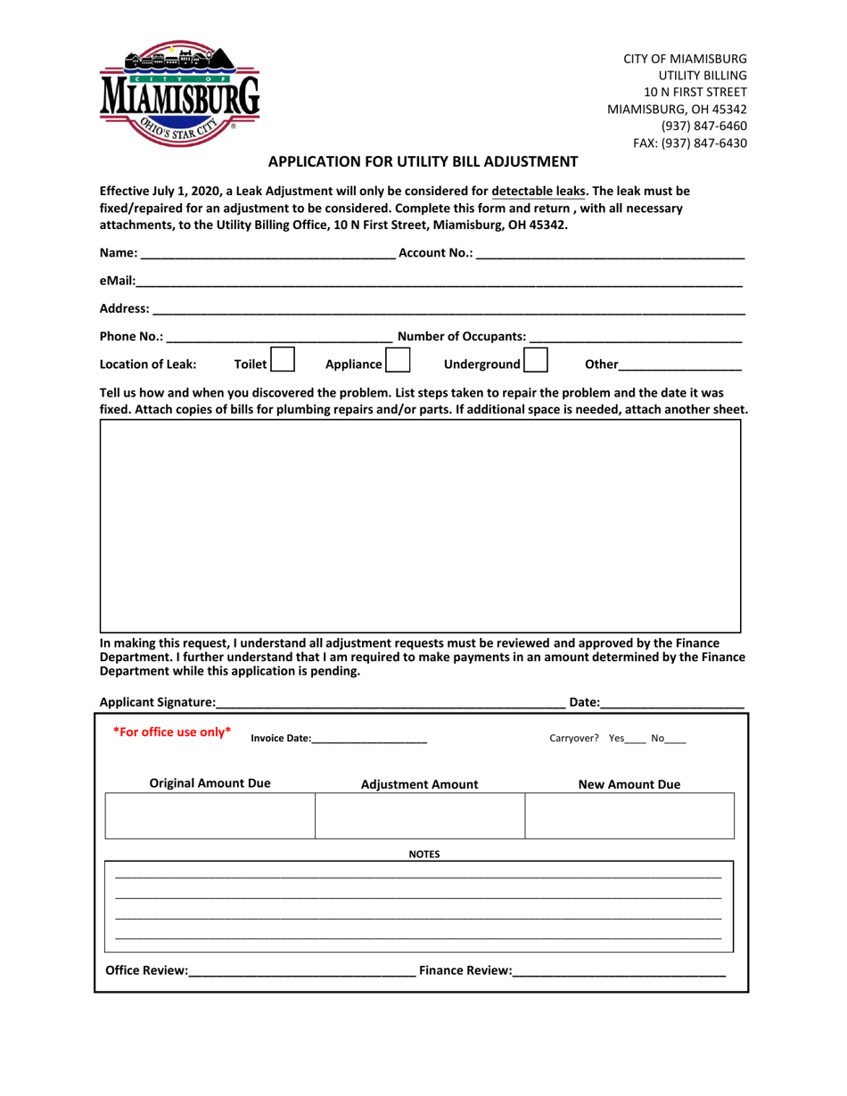 City of Miamisburg, Ohio Application for Utility Bill Adjustment - Fill ...