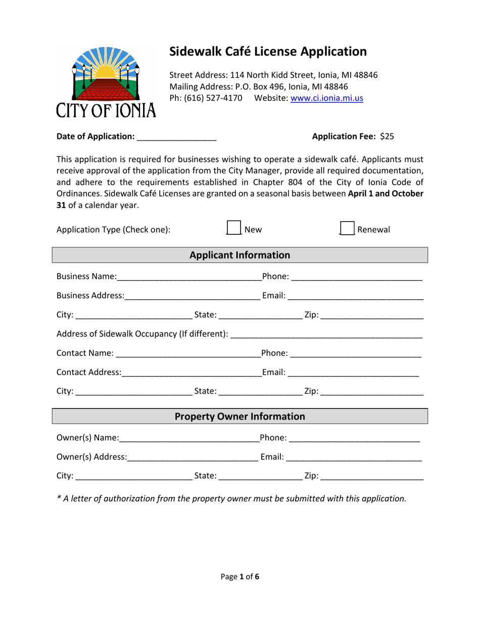City of Ionia, Michigan Sidewalk Cafe License Application - Fill Out, Sign Online and Download ...