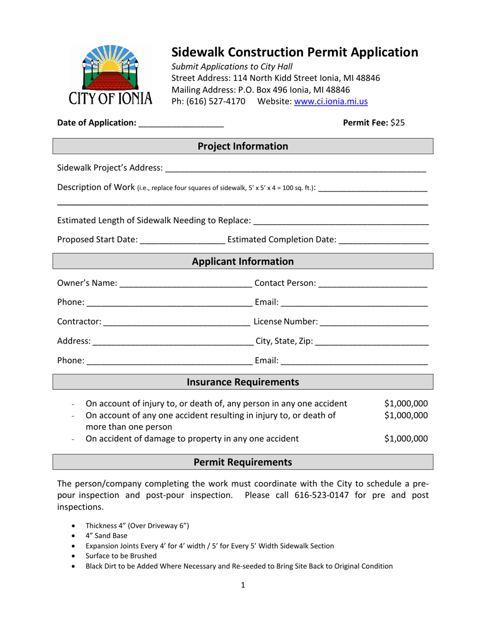 City of Ionia, Michigan Sidewalk Construction Permit Application - Fill ...