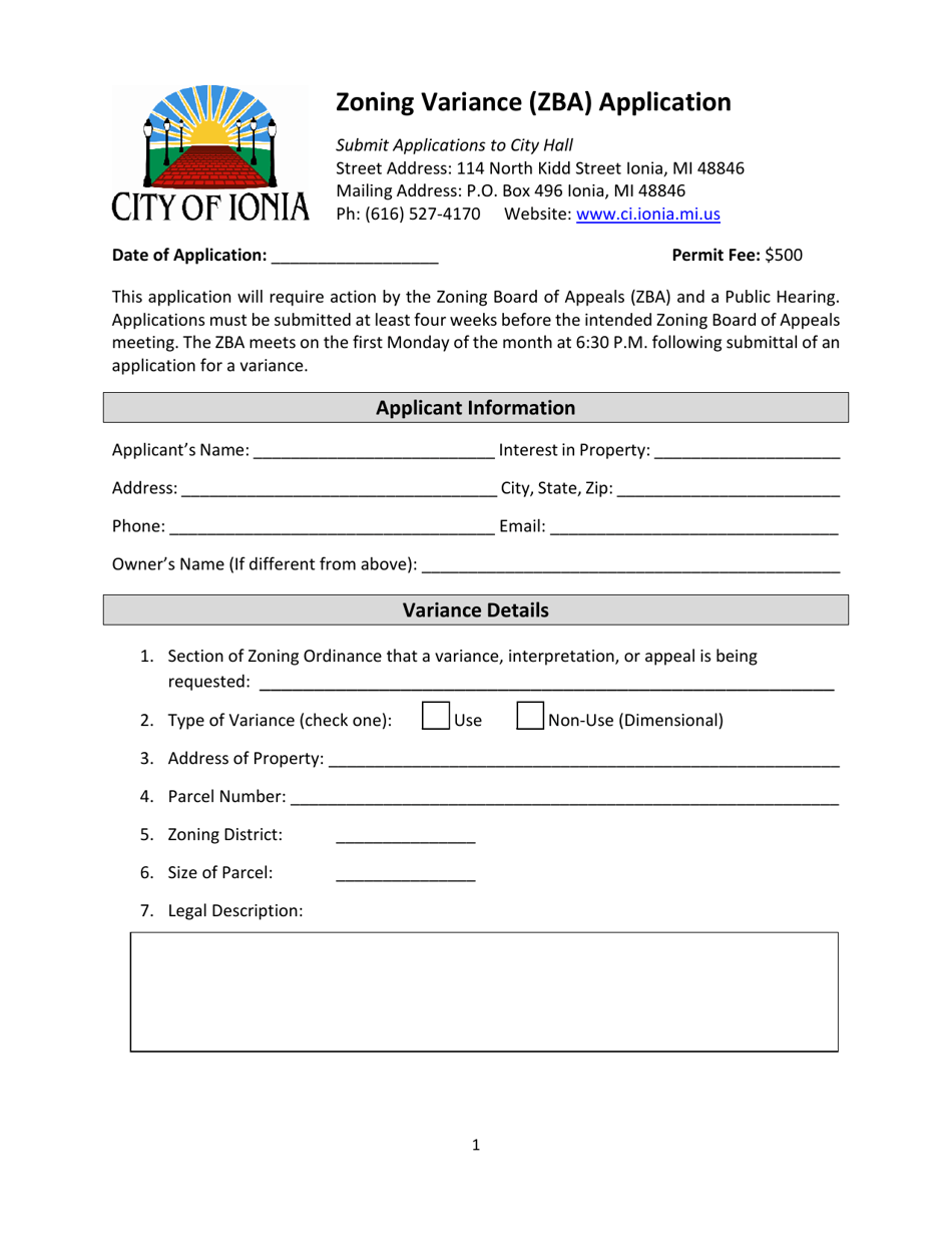 City of Ionia, Michigan Zoning Variance (Zba) Application - Fill Out ...