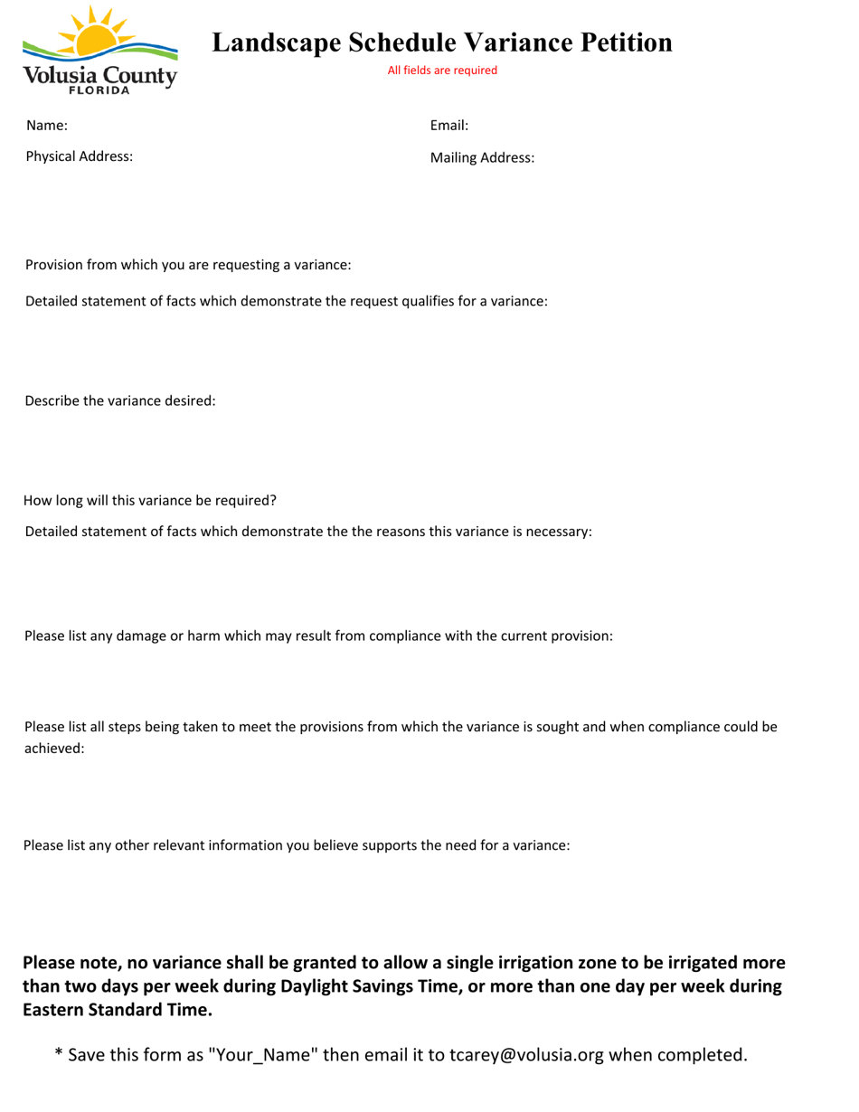 Volusia County, Florida Landscape Schedule Variance Petition - Fill Out ...