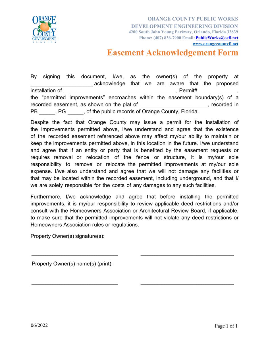 Orange County, Florida Easement Acknowledgement Form - Fill Out, Sign ...