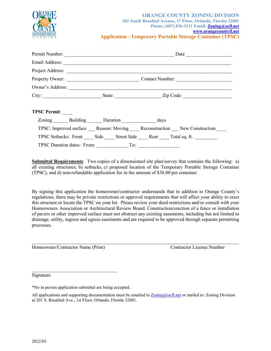Orange County, Florida Application - Temporary Portable Storage ...