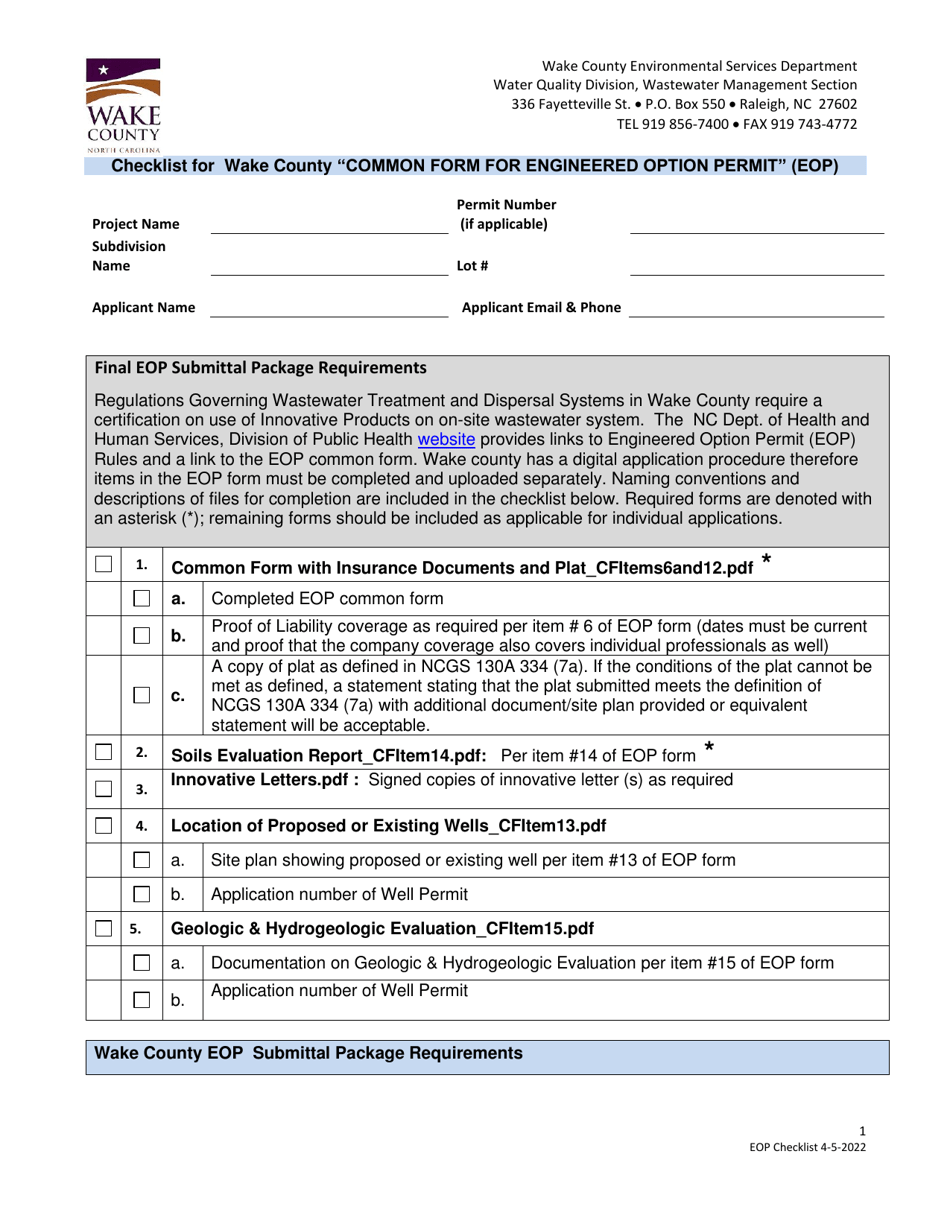 Wake County, North Carolina Checklist for Wake County Common Form for ...