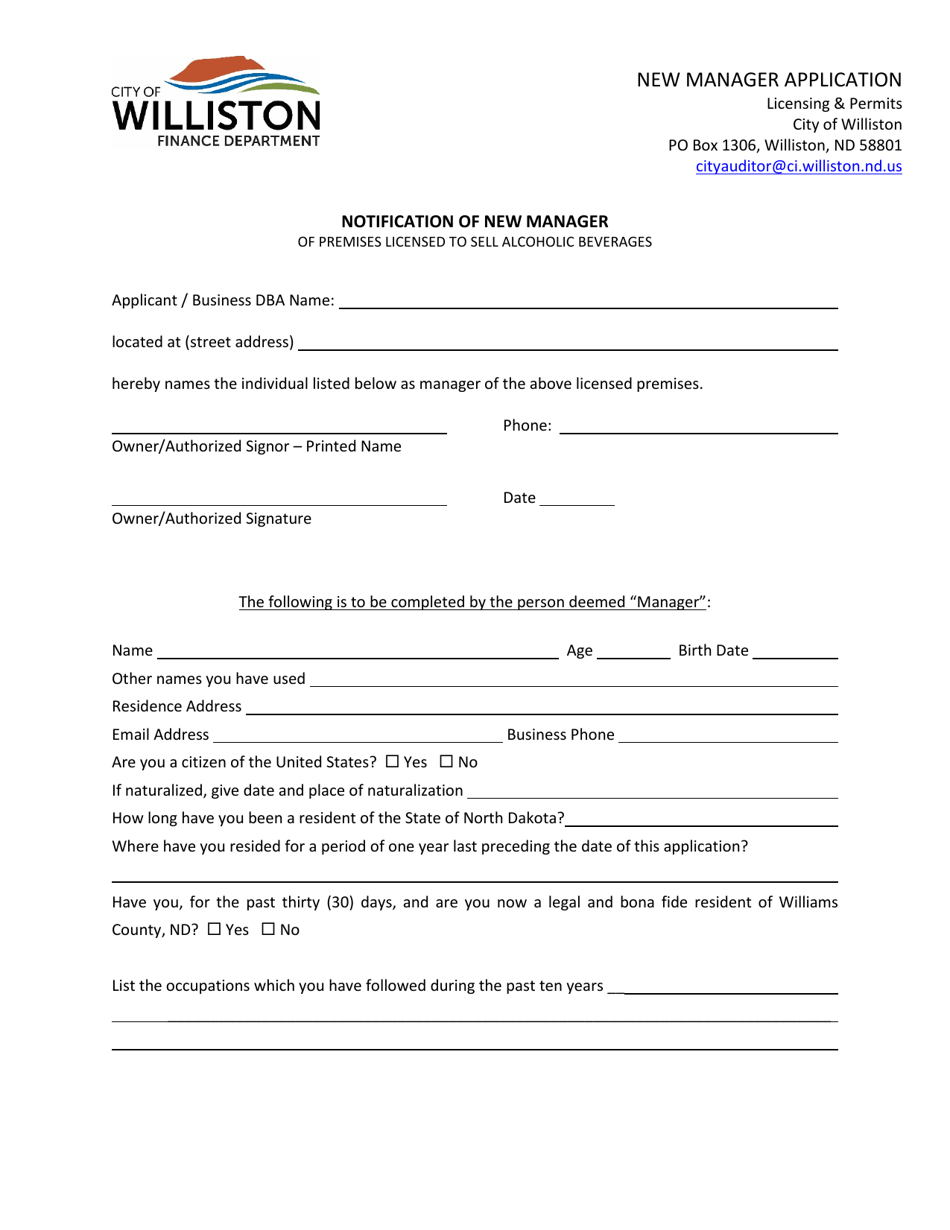 City of Williston, North Dakota New Manager Application - Fill Out ...