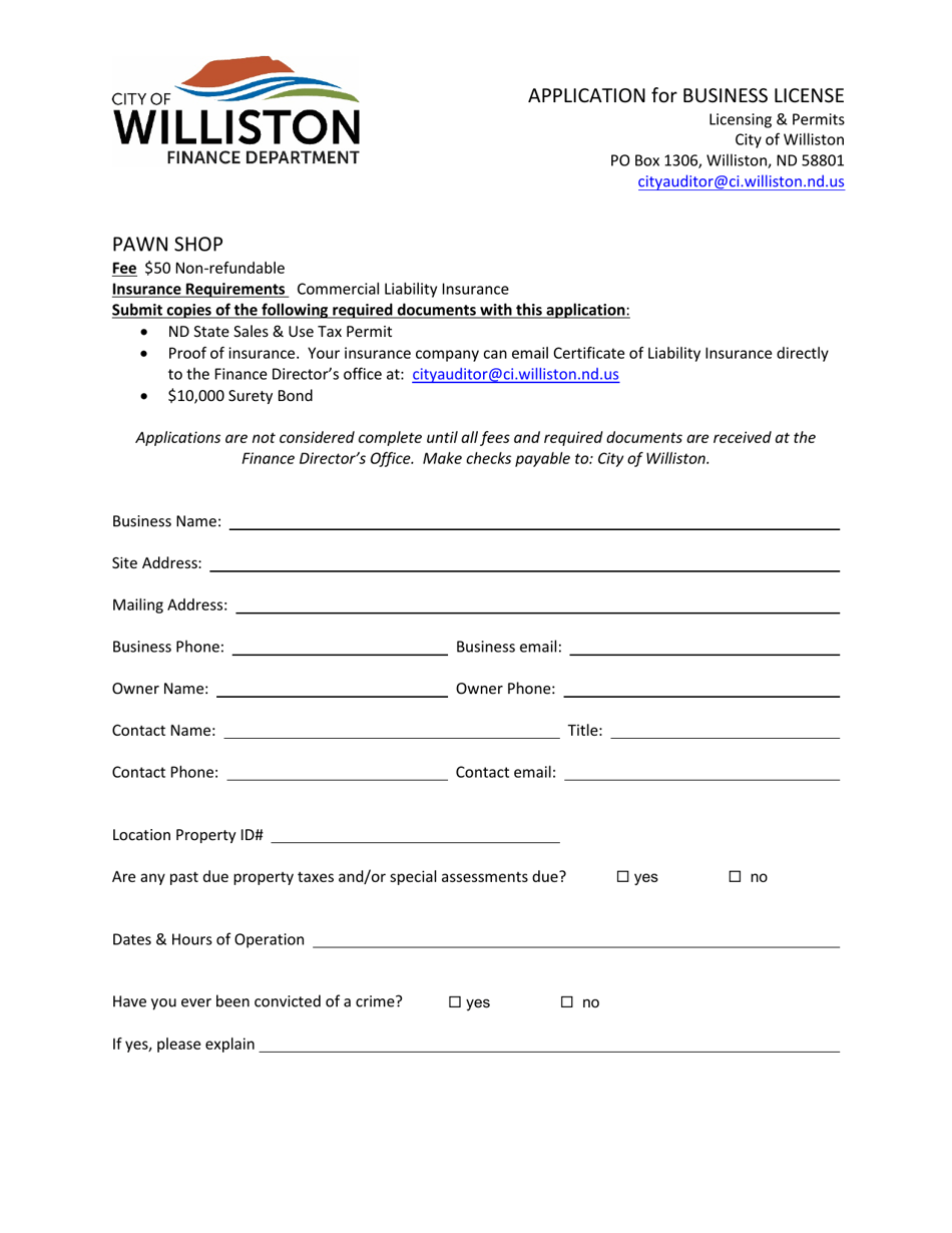 City of Williston, North Dakota Application for Business License - Pawn ...