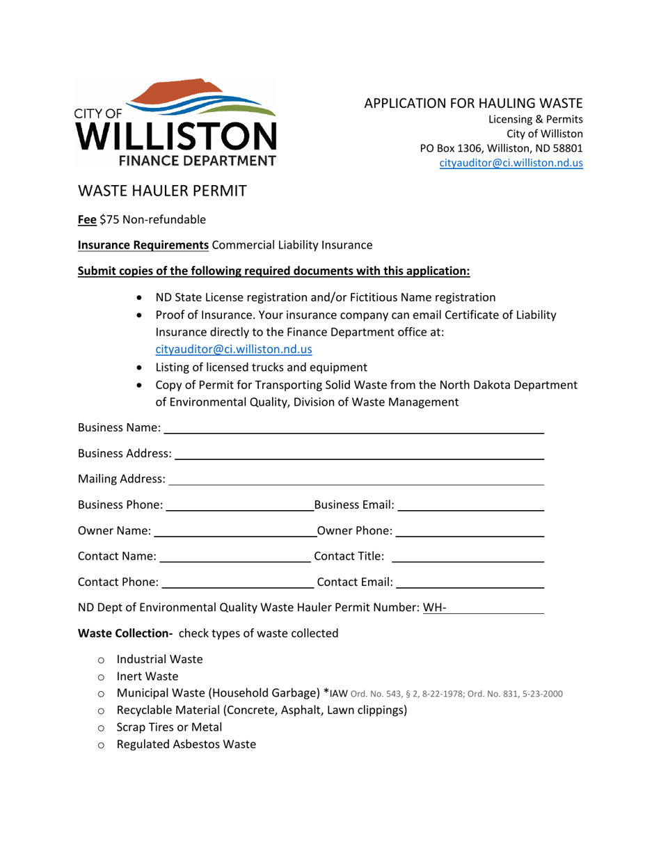 City of Williston, North Dakota Application for Hauling Waste - Fill ...