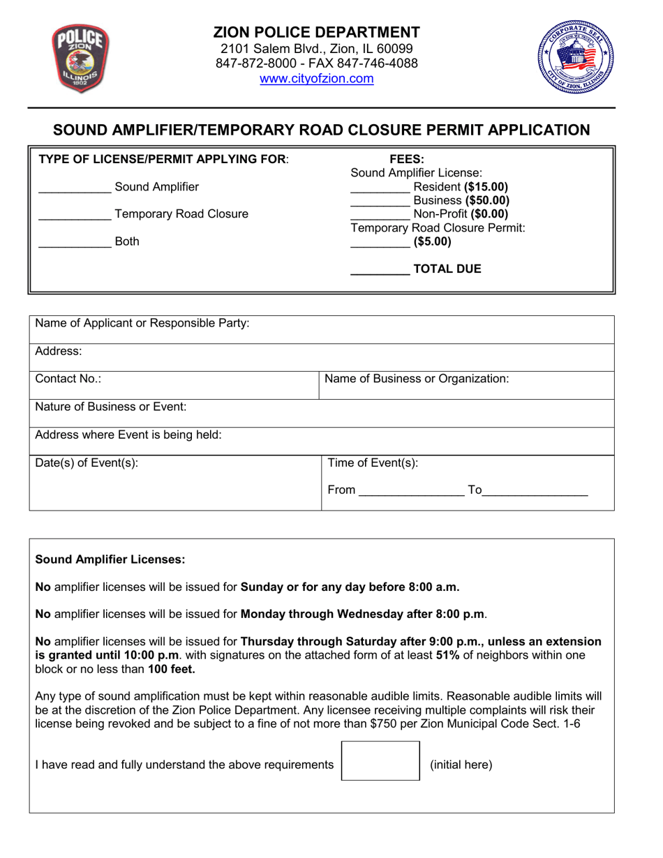 City of Zion, Illinois Sound Amplifier/Temporary Road Closure Permit ...