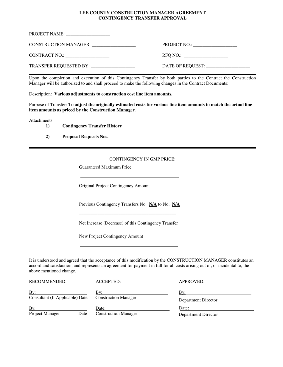 Lee County, Florida Construction Manager Agreement Contingency Transfer Approval - Fill Out ...