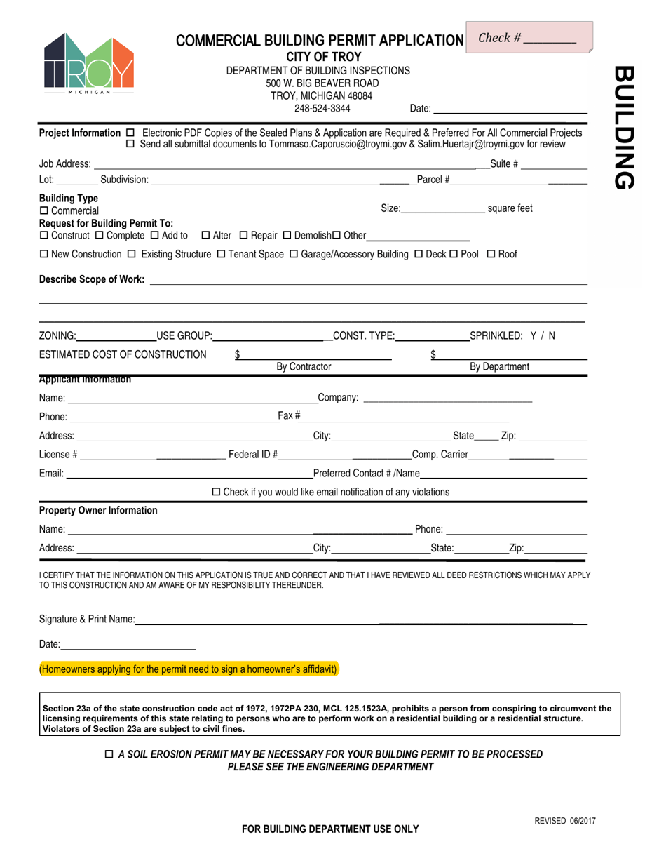 City of Troy, Michigan Commercial Building Permit Application - Fill ...