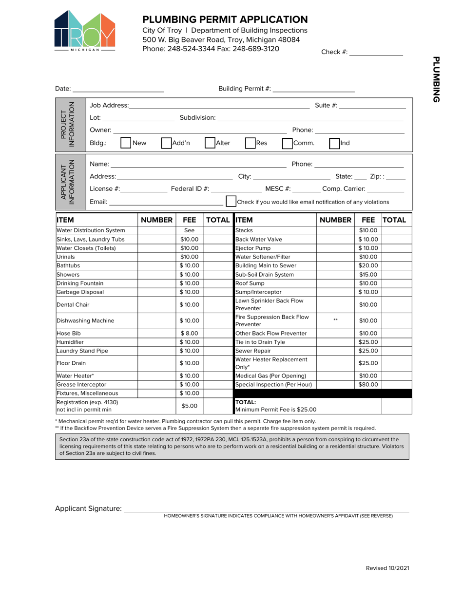 City of Troy, Michigan Plumbing Permit Application - Fill Out, Sign Online and Download PDF ...