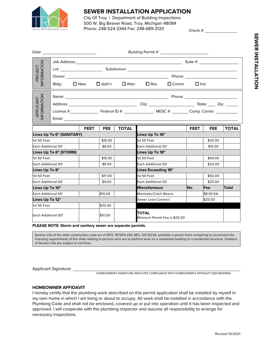 City of Troy, Michigan Sewer Installation Application - Fill Out, Sign ...