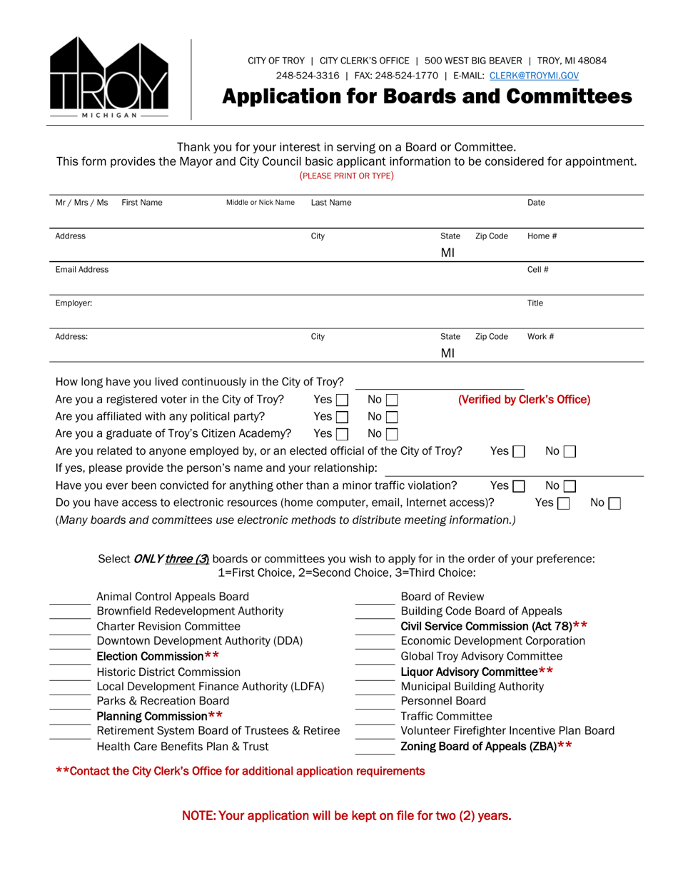 City of Troy, Michigan Application for Boards and Committees - Fill Out ...