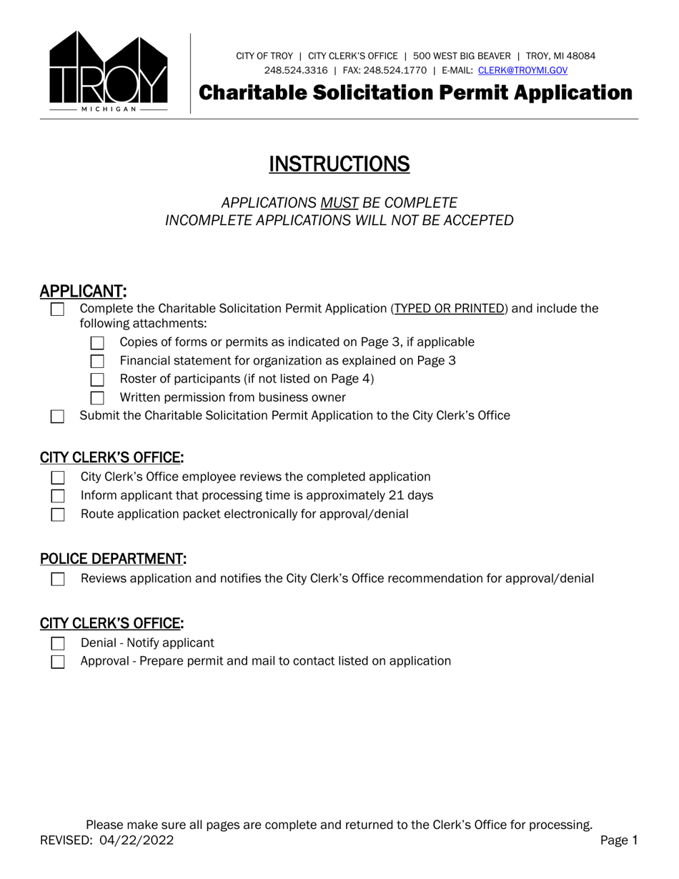City of Troy, Michigan Charitable Solicitation Permit Application ...