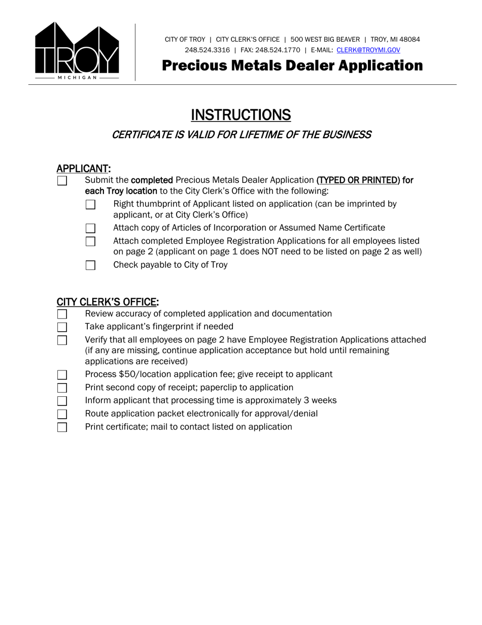 City of Troy, Michigan Precious Metals Dealer Application - Fill Out ...