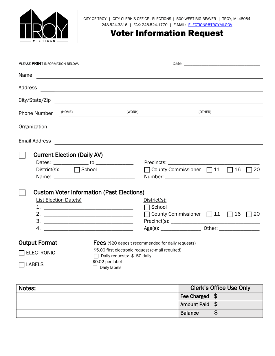 City of Troy, Michigan Voter Information Request Download Printable PDF ...