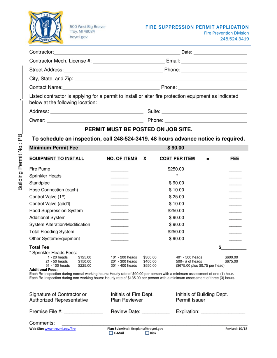 City of Troy, Michigan Fire Suppression Permit Application - Fill Out ...