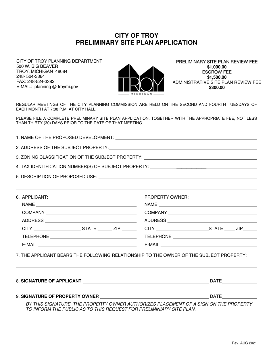 City of Troy, Michigan Preliminary Site Plan Application - Fill Out ...