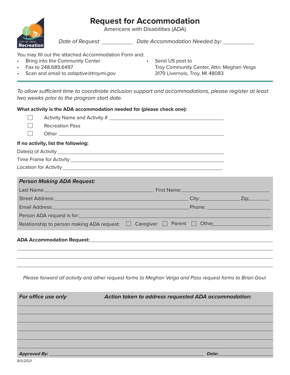 City of Troy, Michigan Request for Accommodation - Americans With ...