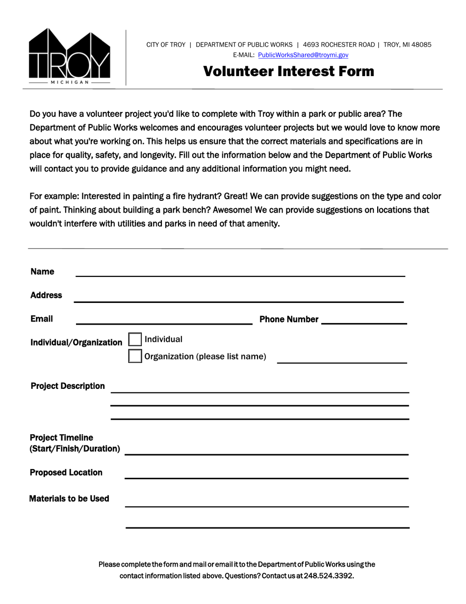 City of Troy, Michigan Volunteer Interest Form - Fill Out, Sign Online ...