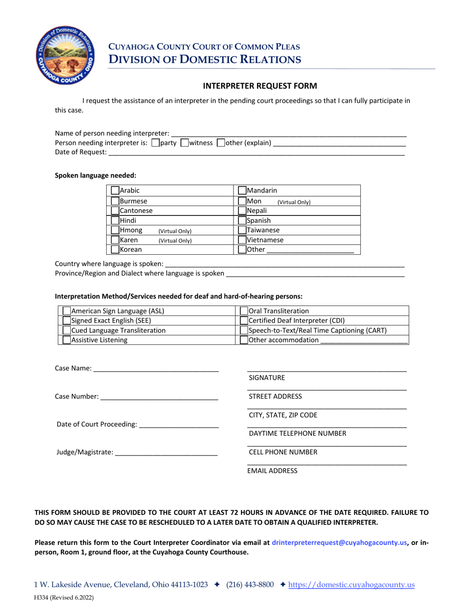 Form H334 - Fill Out, Sign Online and Download Fillable PDF, Cuyahoga ...