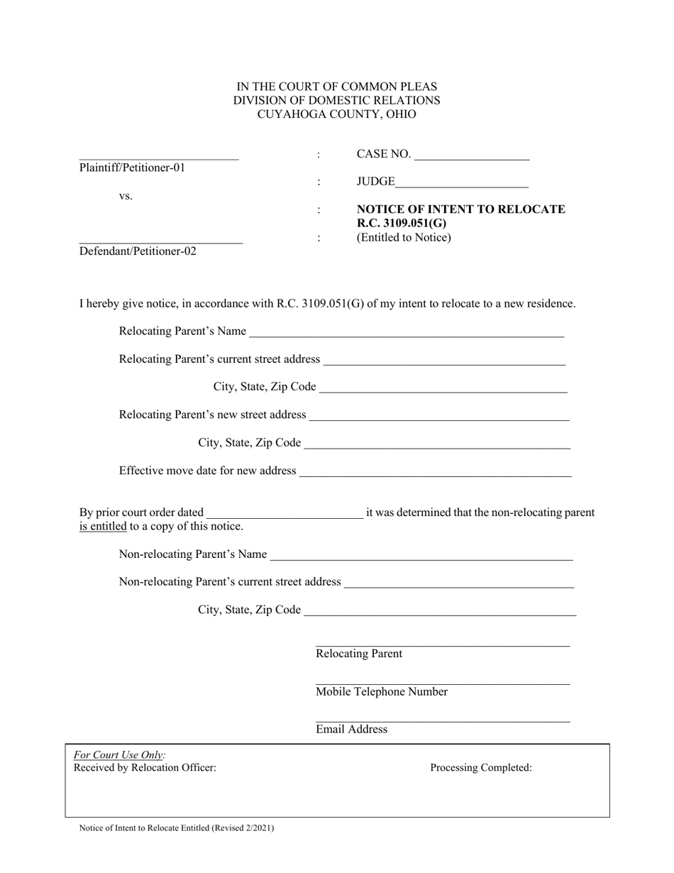 Cuyahoga County, Ohio Notice of Intent to Relocate (Entitled to Notice ...