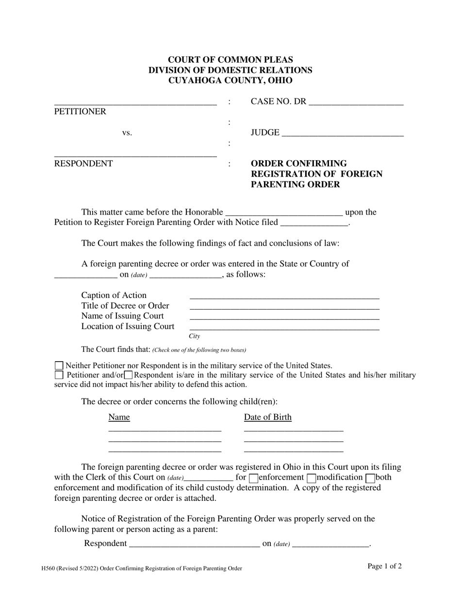 Form H560 - Fill Out, Sign Online and Download Fillable PDF, Cuyahoga ...