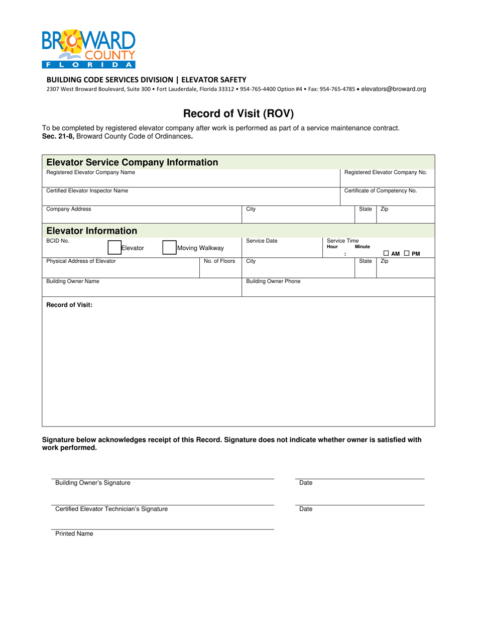 Broward County, Florida Record of Visit (Rov) - Elevator Safety - Fill ...