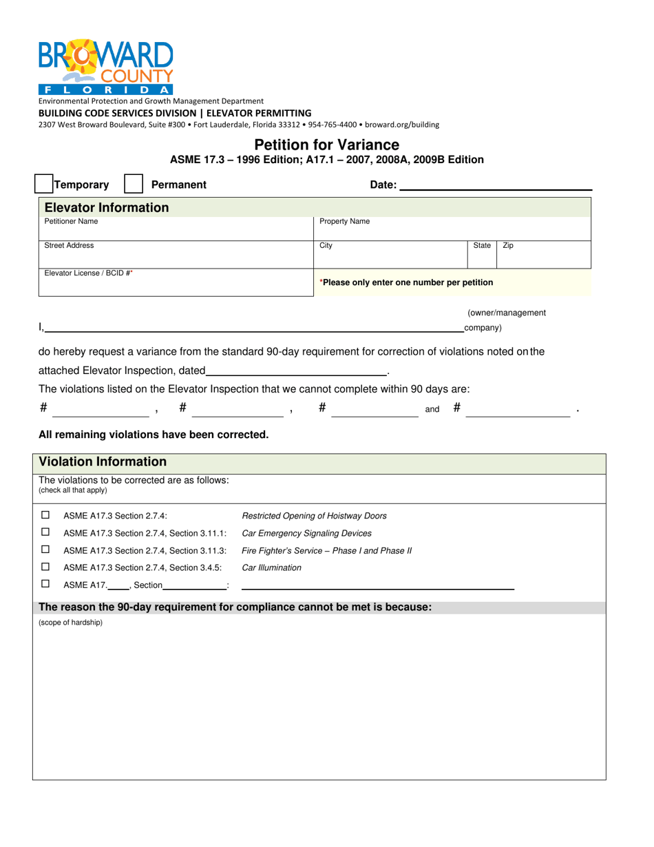 Broward County, Florida Petition for Variance - Elevator Permitting ...