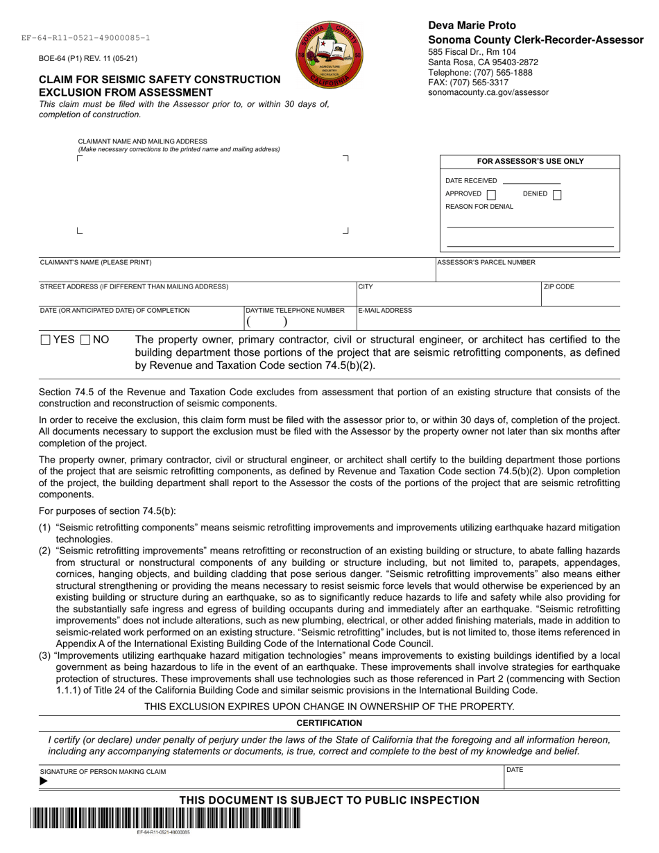 Form BOE-64 - Fill Out, Sign Online and Download Fillable PDF, Sonoma ...