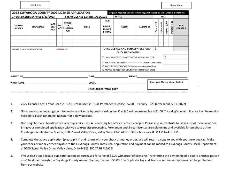 2022 Cuyahoga County, Ohio Dog License Application - Fill Out, Sign ...
