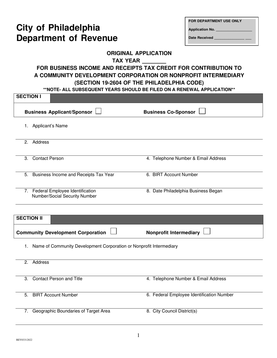 City of Philadelphia, Pennsylvania Original Application for Business ...