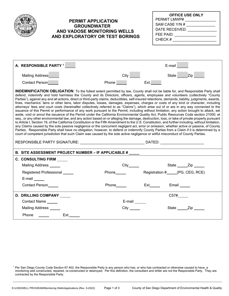 County of San Diego, California Permit Application - Groundwater and ...