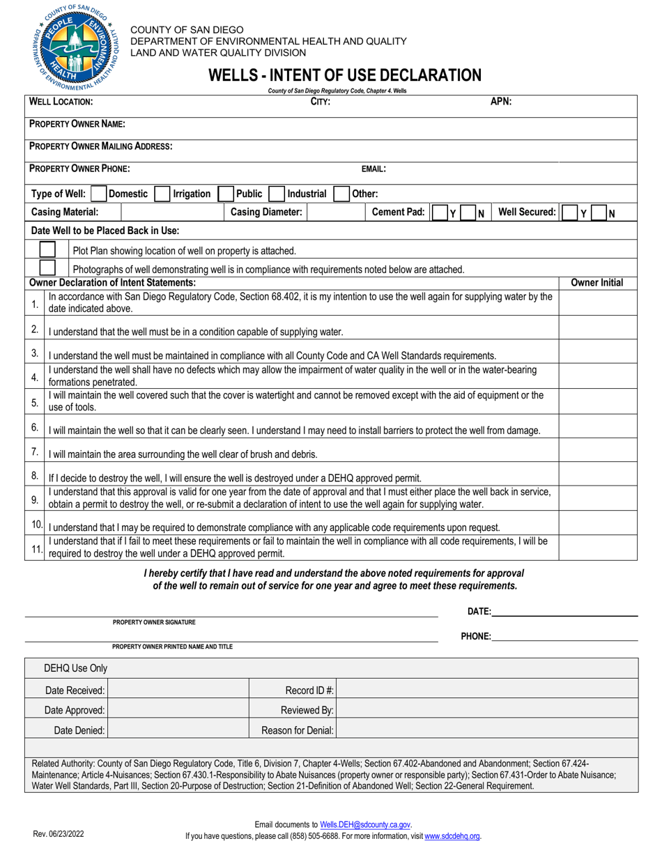 County of San Diego, California Wells - Intent of Use Declaration ...