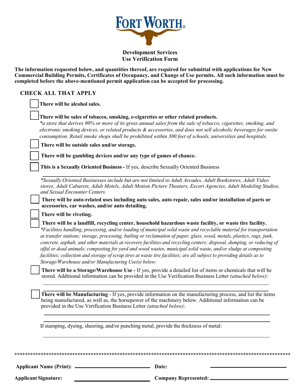 City of Fort Worth, Texas Use Verification Form - Fill Out, Sign Online ...