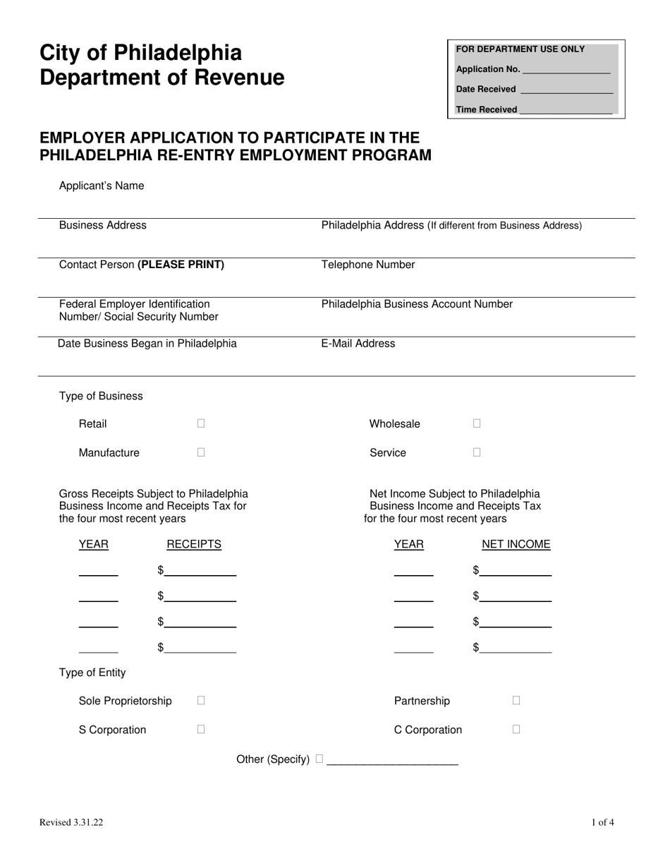 City of Philadelphia, Pennsylvania Employer Application to Participate ...