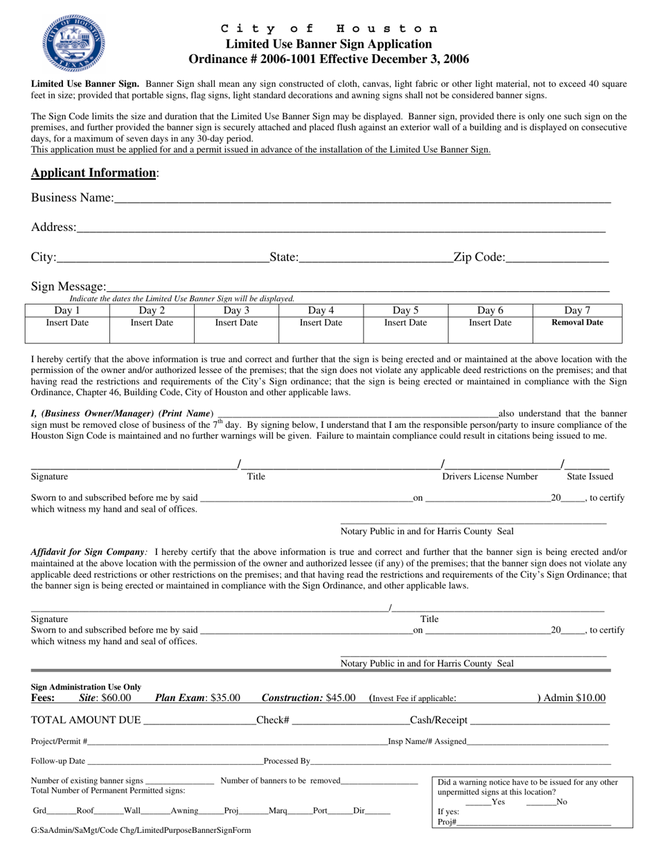 City of Houston, Texas Limited Use Banner Sign Application - Fill Out ...