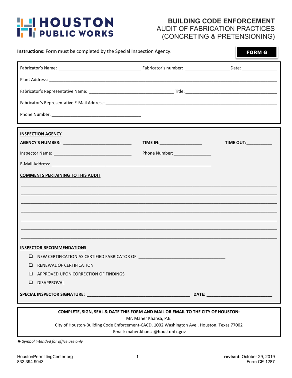 Form G (CE-1287) - Fill Out, Sign Online and Download Fillable PDF ...
