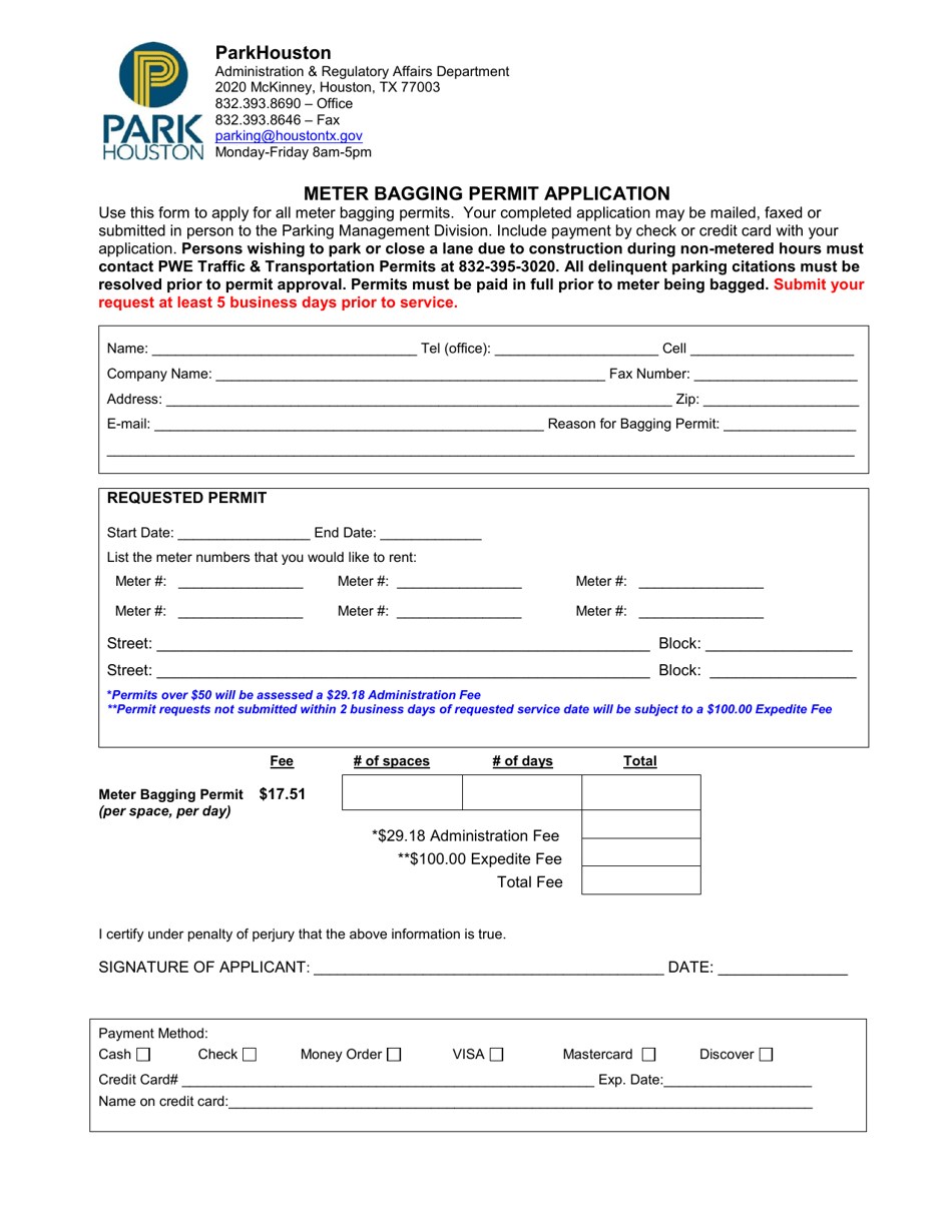 City of Houston, Texas Meter Bagging Permit Application - Fill Out ...