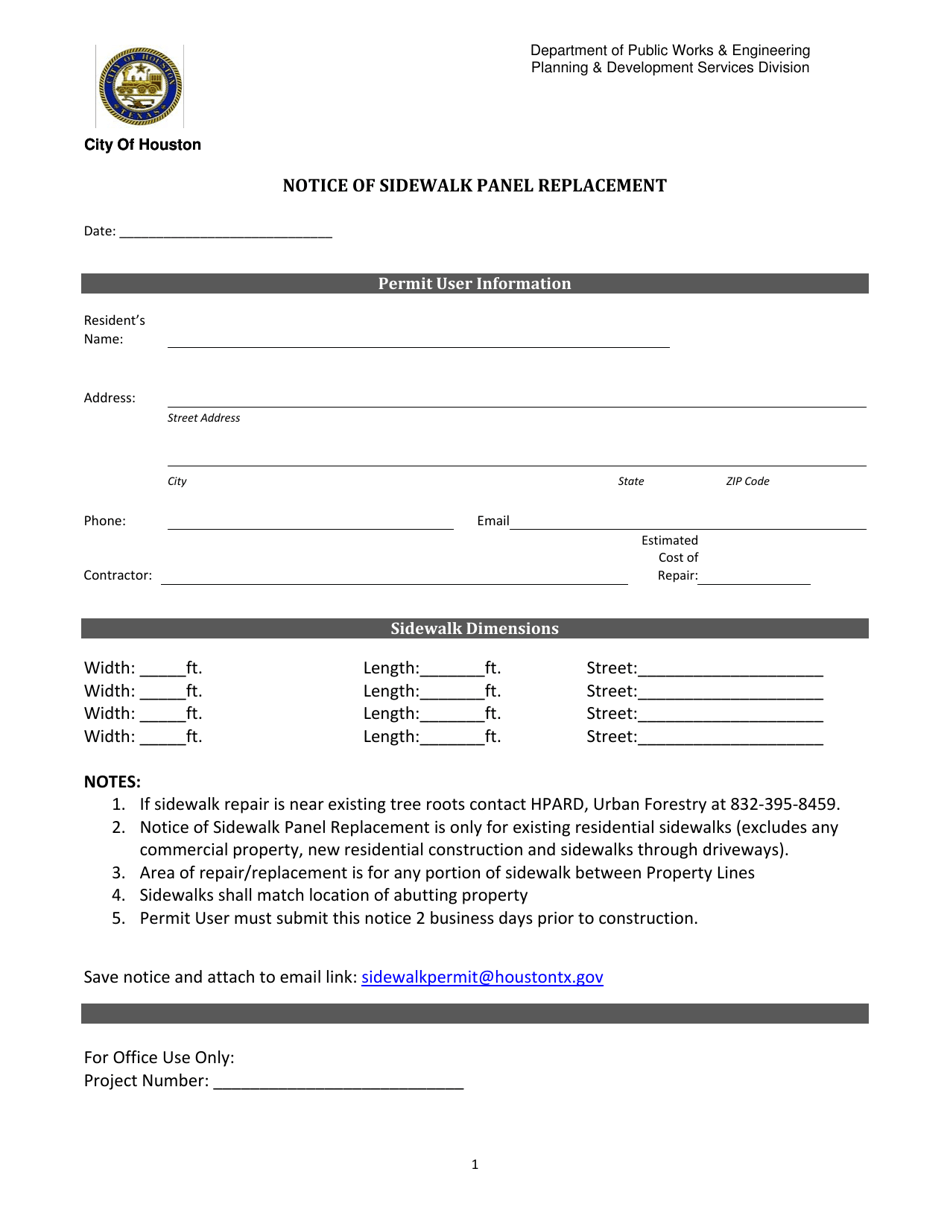 City of Houston, Texas Notice of Sidewalk Panel Replacement - Fill Out ...