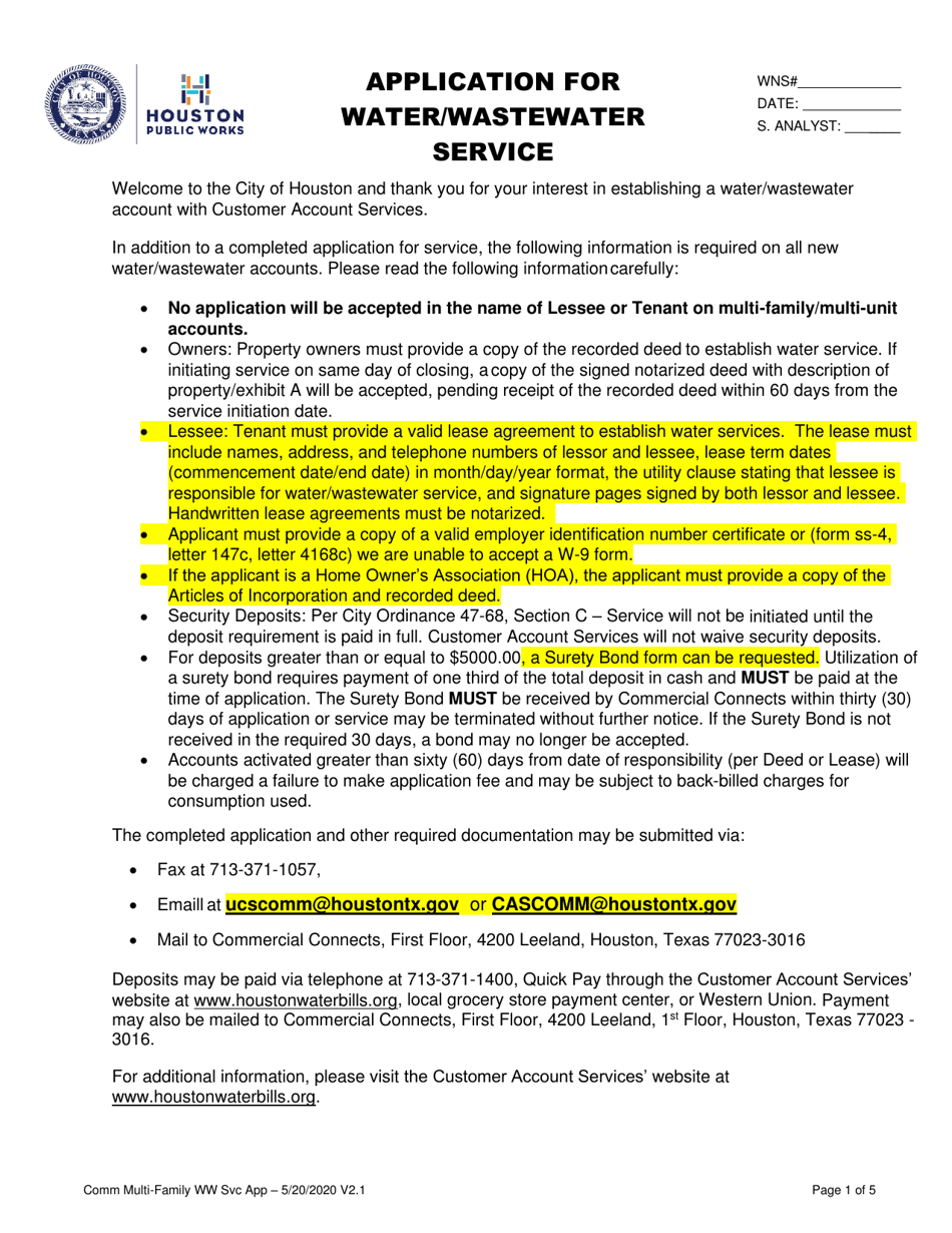 City of Houston, Texas Application for Water/Wastewater Service - Fill ...